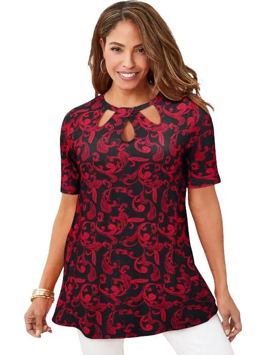 JESSICA LONDON Stretch Knit Cutout Swing Tunic - Vivid Red Paisley Scroll