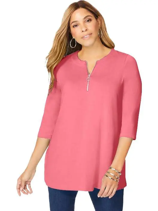 JESSICA LONDON Stretch Knit Zip Tunic - Tea Rose