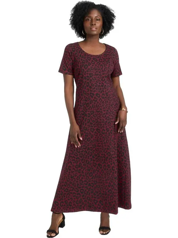 JESSICA LONDON Stretch Cotton T-shirt Maxi Dress - Burgundy Classic Cheetah