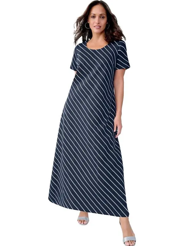 JESSICA LONDON Petite Stretch Cotton T-shirt Maxi Dress - Navy Bias Stripe