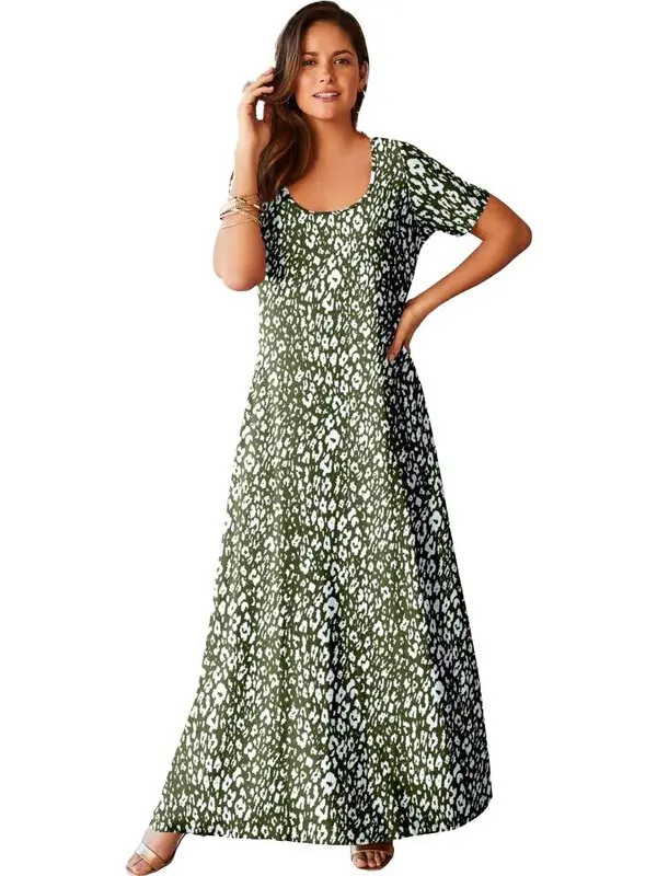 JESSICA LONDON Stretch Cotton T-shirt Maxi Dress - Olive Green Cheetah