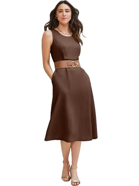 JESSICA LONDON Linen Fit & Flare Midi Dress - Rich Brown