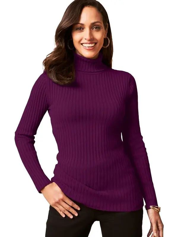 JESSICA LONDON Ribbed Cotton Turtleneck Sweater - Dark Berry
