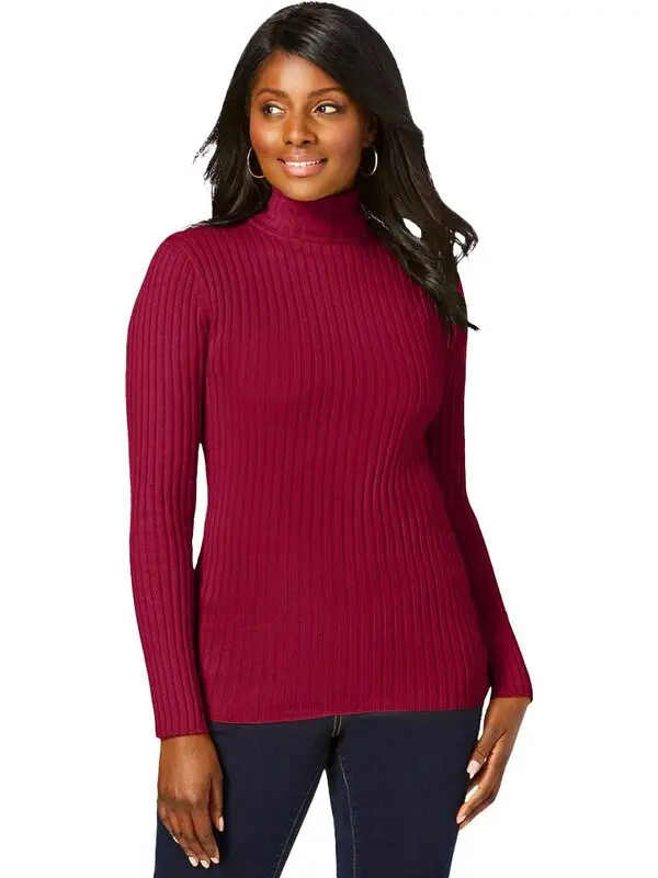 JESSICA LONDON Ribbed Cotton Turtleneck Sweater - Rich Burgundy
