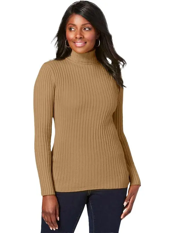 JESSICA LONDON Ribbed Cotton Turtleneck Sweater - Soft Camel