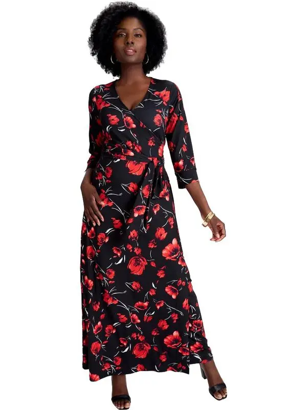 JESSICA LONDON Stretch Knit Faux Wrap Maxi Dress - Black Red Poppies