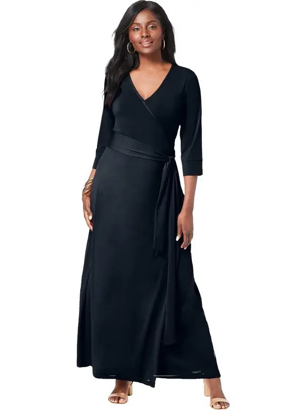JESSICA LONDON Stretch Knit Faux Wrap Maxi Dress - Black