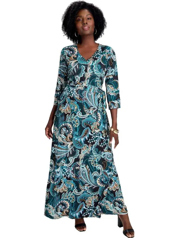 JESSICA LONDON Stretch Knit Faux Wrap Maxi Dress - Frost Teal Paisley