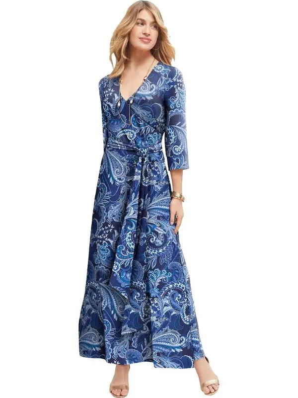 JESSICA LONDON Stretch Knit Faux Wrap Maxi Dress - Sapphire Paisley