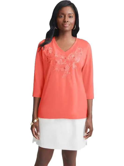 JESSICA LONDON Stretch Cotton Embroidered Tee - Coral Floral Embroidery
