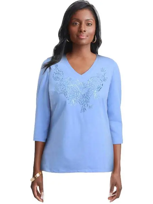 JESSICA LONDON Stretch Cotton Embroidered Tee - French Blue Floral Embroidery