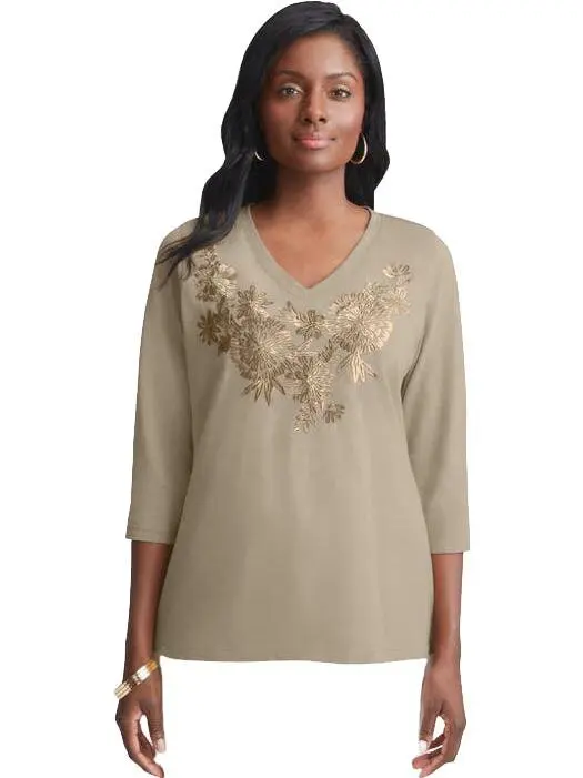 JESSICA LONDON Stretch Cotton Embroidered Tee - Khaki Floral Embroidery