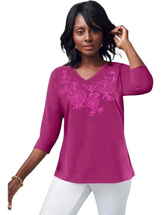JESSICA LONDON Stretch Cotton Embroidered Tee - Raspberry Floral Embroidery