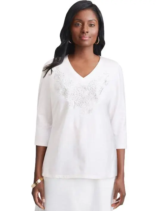 JESSICA LONDON Stretch Cotton Embroidered Tee - White Floral Embroidery