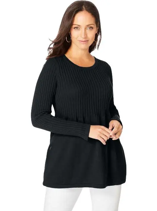 JESSICA LONDON Ribbed Babydoll Tunic Sweater - Black