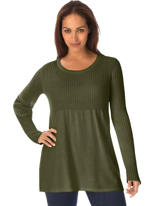 JESSICA LONDON Ribbed Babydoll Tunic Sweater - Dark Olive Green