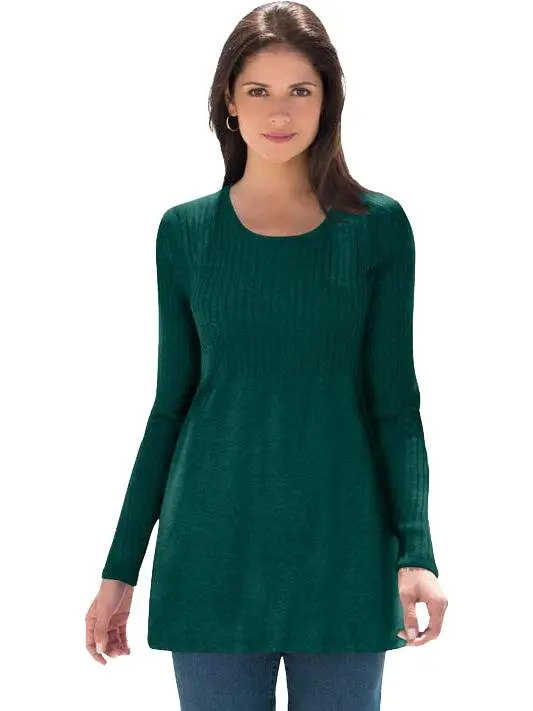 JESSICA LONDON Ribbed Babydoll Tunic Sweater - Emerald Green
