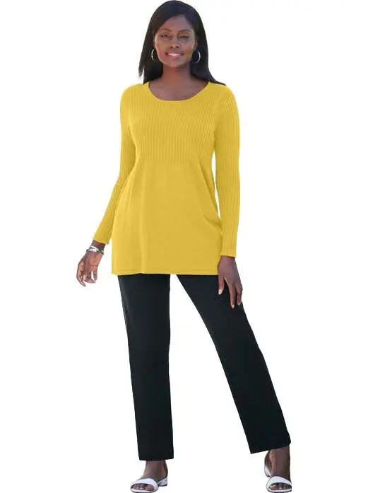 JESSICA LONDON Ribbed Baby Doll Tunic Sweater - Olive Yellow