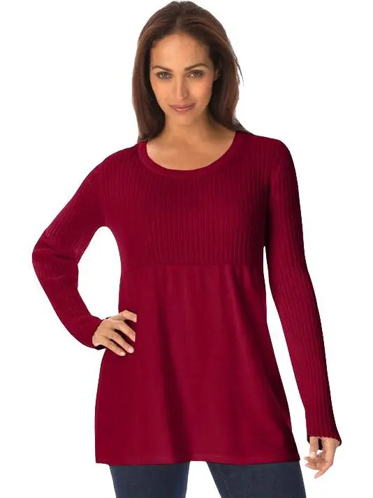 JESSICA LONDON Ribbed Babydoll Tunic Sweater - Rich Burgundy
