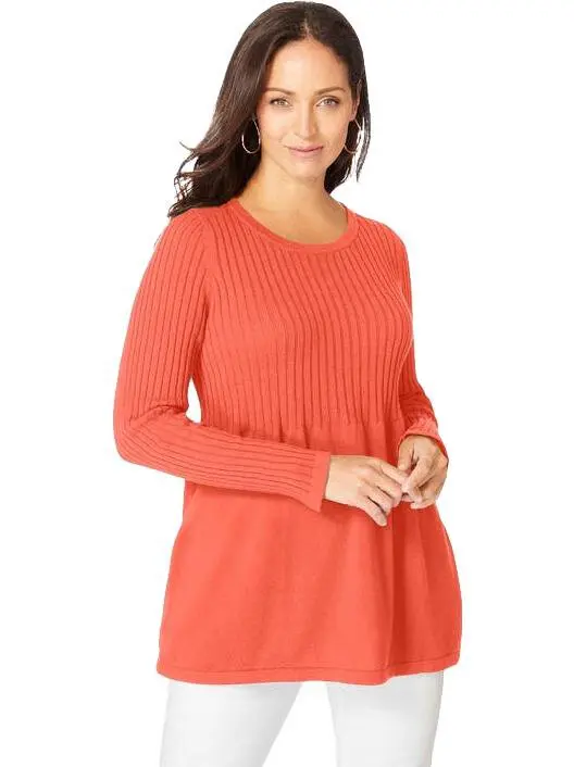 JESSICA LONDON Ribbed Babydoll Tunic Sweater - Vibrant Papaya
