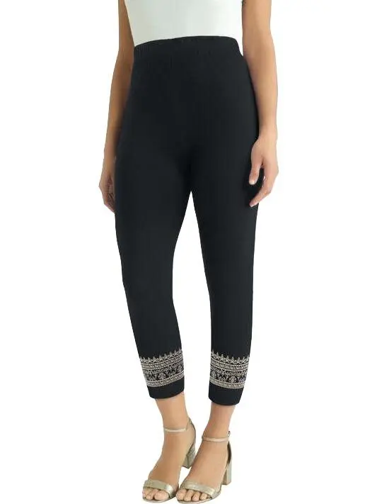 JESSICA LONDON Stretch Cotton Capri Leggings - Black Scroll Placement