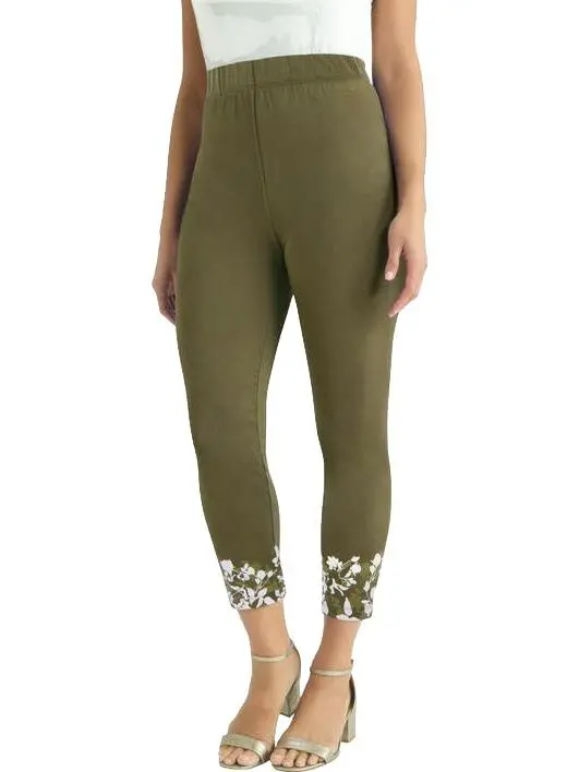 JESSICA LONDON Stretch Cotton Capri Leggings - Green Floral Placement