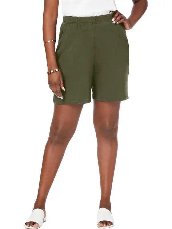 JESSICA LONDON Soft Ease Knit Casual Shorts - Dark Olive Green