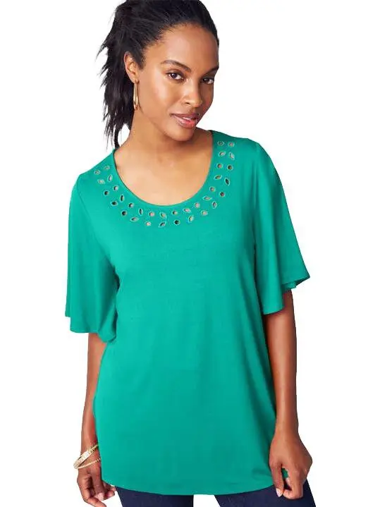 JESSICA LONDON Cutout Flutter Sleeve Tunic - Aqua Sea