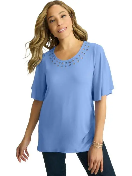 JESSICA LONDON Cutout Flutter Sleeve Tunic - French Blue