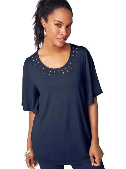 JESSICA LONDON Cutout Flutter Sleeve Tunic - Navy