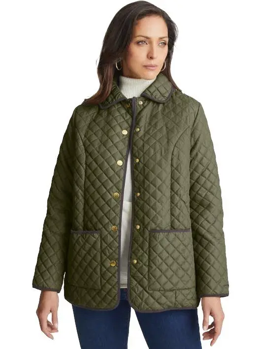 JESSICA LONDON Quilted Snap-front Coat - Dark Olive Green