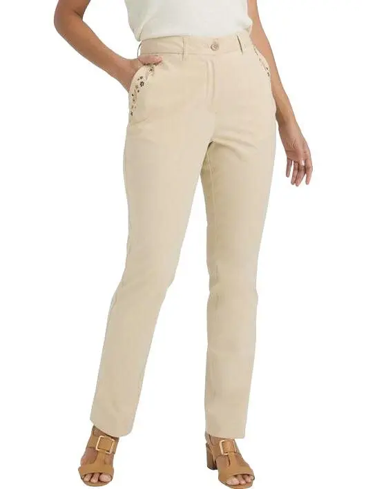 JESSICA LONDON Stretch Cotton Chino Straight Leg Pant - Khaki Paisley Embroidery