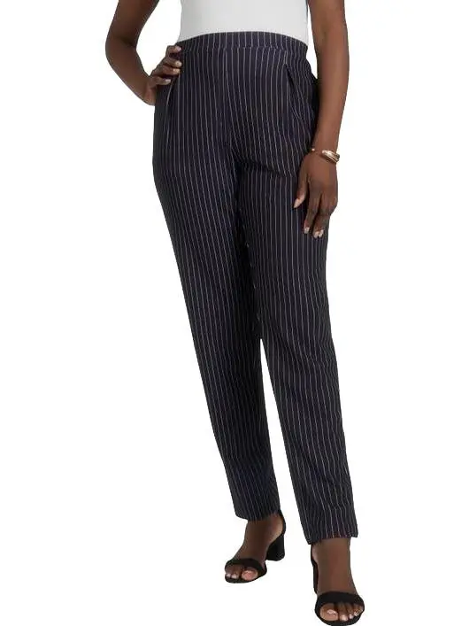 JESSICA LONDON Stretch Knit Crepe Straight Leg Trousers - Black Simple Pinstripe