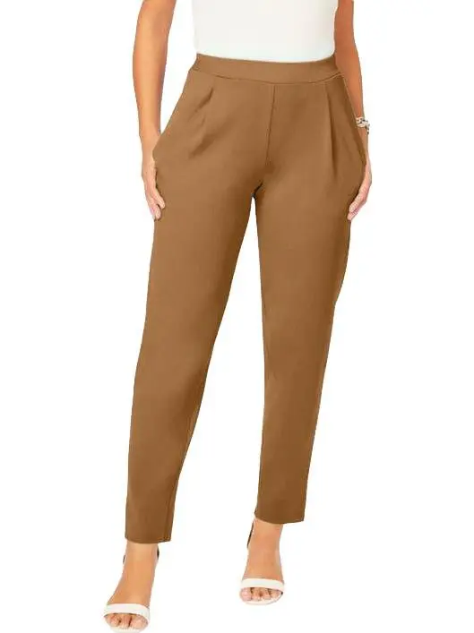 JESSICA LONDON Stretch Knit Crepe Straight Leg Pants - Brown Maple