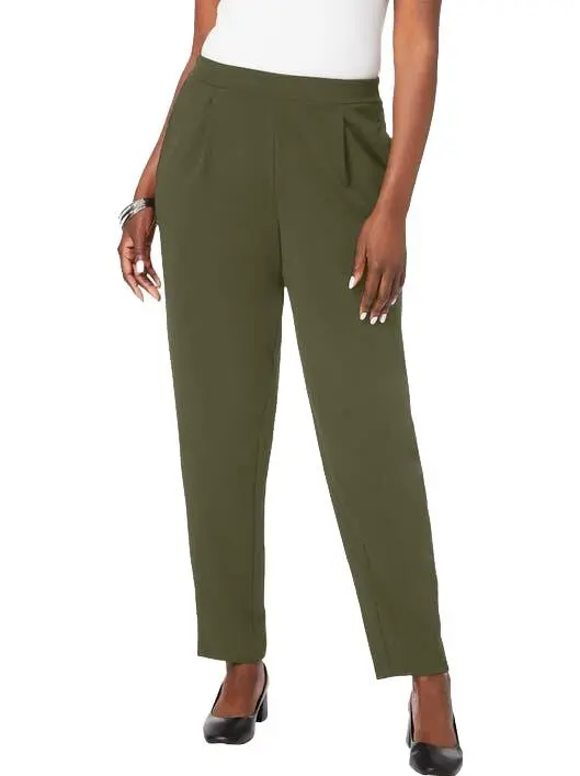 JESSICA LONDON Stretch Knit Crepe Straight Leg Trousers - Dark Olive Green