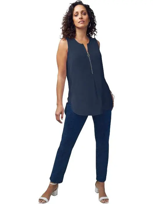 JESSICA LONDON Stretch Knit Hi-low Zip Tunic - Navy