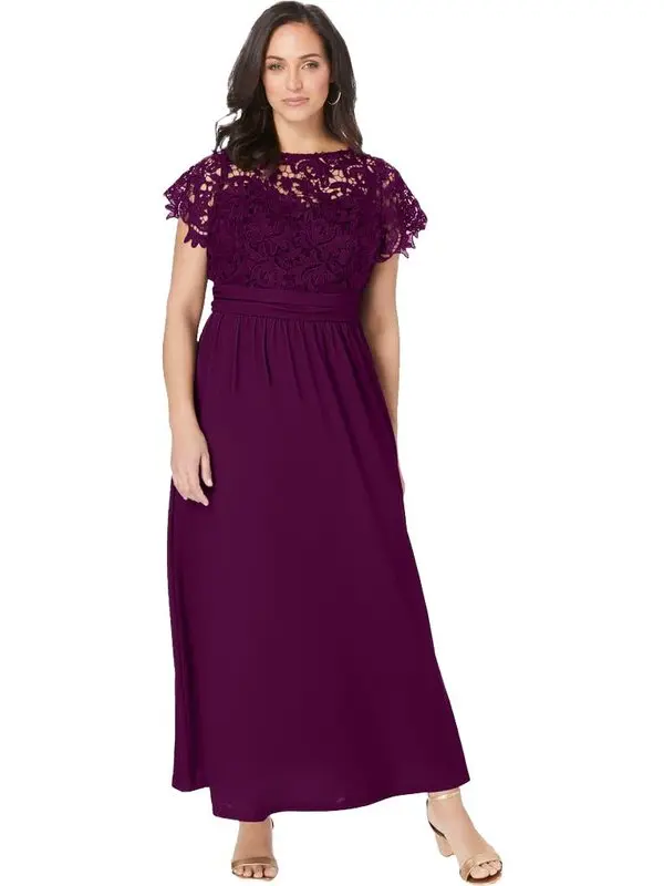 JESSICA LONDON Lace Maxi Dress With Illusion Neckline - Dark Berry