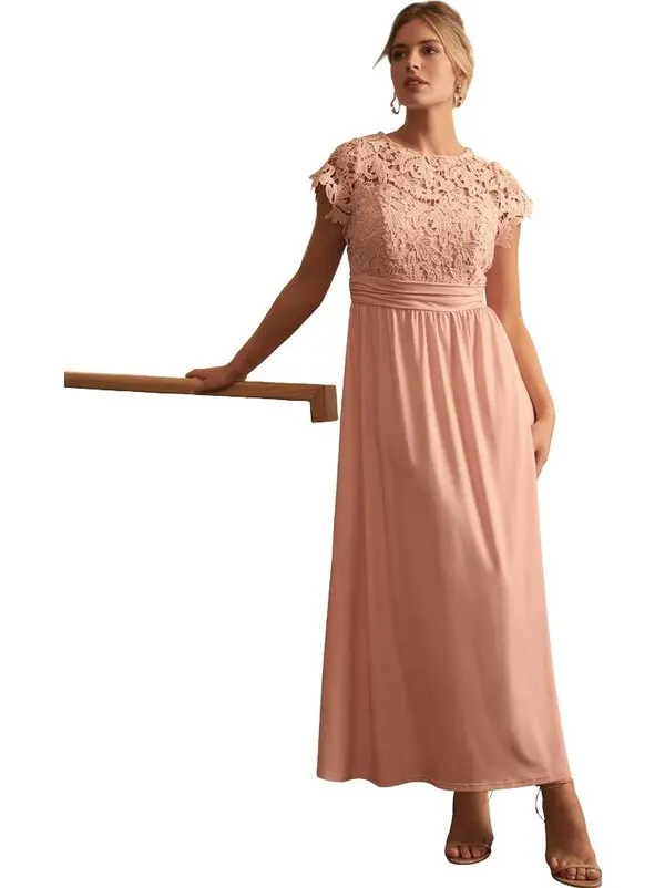 JESSICA LONDON Lace Maxi Dress With Illusion Neckline - Soft Blush