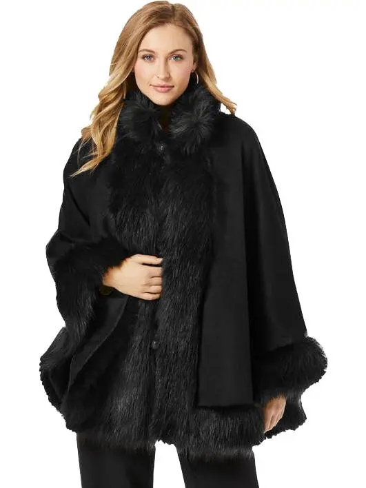 JESSICA LONDON Faux Fur Trim Wool Cape - Black