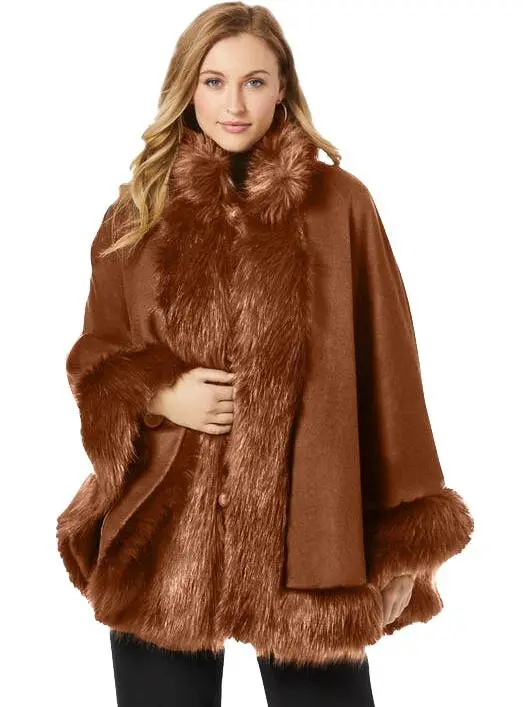 JESSICA LONDON Faux Fur Trim Wool Cape - Cognac