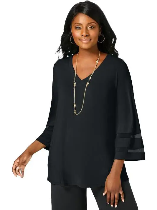 JESSICA LONDON Stretch Knit Mesh Inset Sleeve Tunic - Black