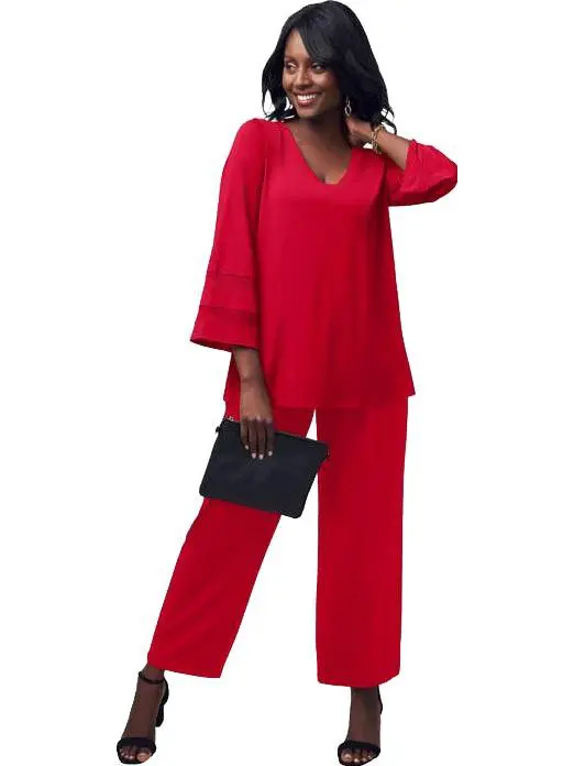 JESSICA LONDON Stretch Knit Mesh Inset Sleeve Tunic - Classic Red