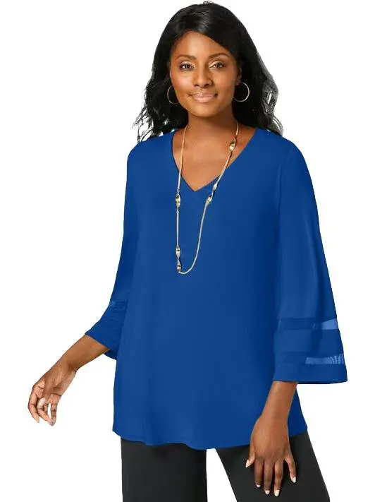 JESSICA LONDON Stretch Knit Mesh Inset Sleeve Tunic - Dark Sapphire
