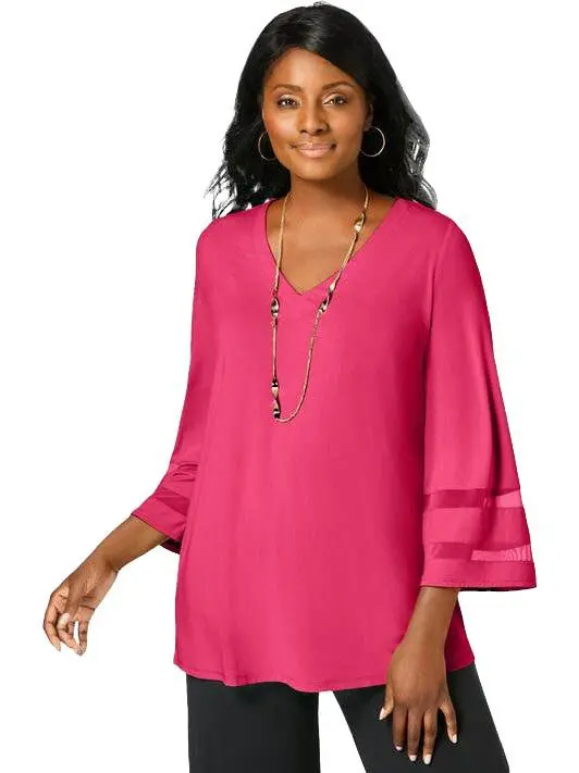 JESSICA LONDON Stretch Knit Mesh Inset Sleeve Tunic - Pink Burst