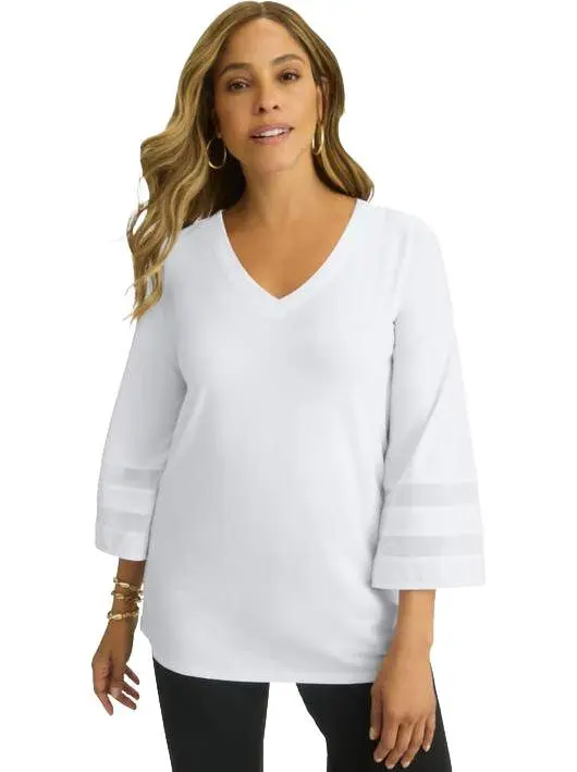 JESSICA LONDON Stretch Knit Mesh Inset Sleeve Tunic - White