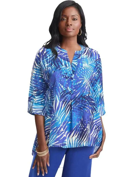 JESSICA LONDON Hi-low Linen Tunic - Blue Tropical