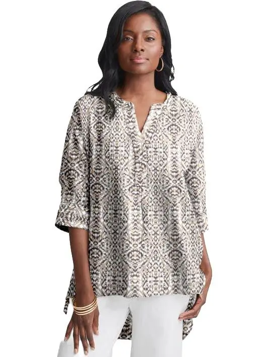 JESSICA LONDON Hi-low Linen Tunic - Neutral Aztec Ikat