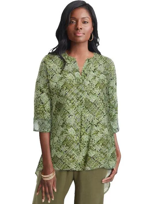 JESSICA LONDON Hi-low Linen Tunic - Olive Drab Tribal Animal