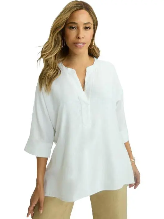 JESSICA LONDON Linen Blend Tunic With High-low Hem - White