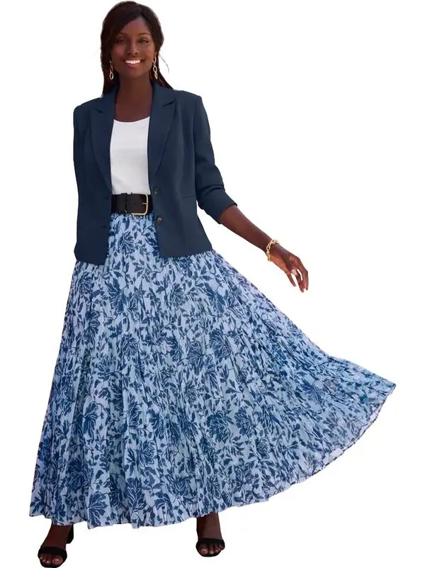 JESSICA LONDON Flowing Crinkled Maxi Skirt - Blue Floral Tapestry